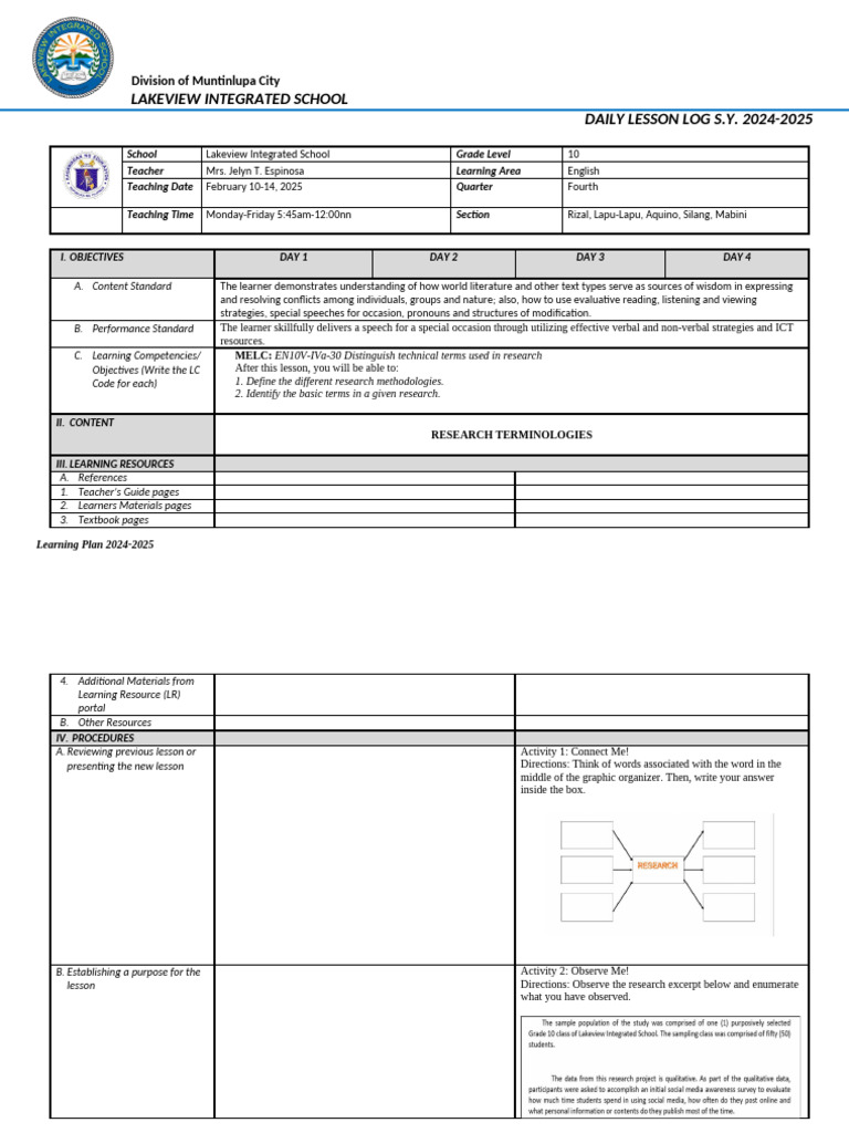 Grade 10 English Daily Lesson Log | PDF | Teachers | Cognition