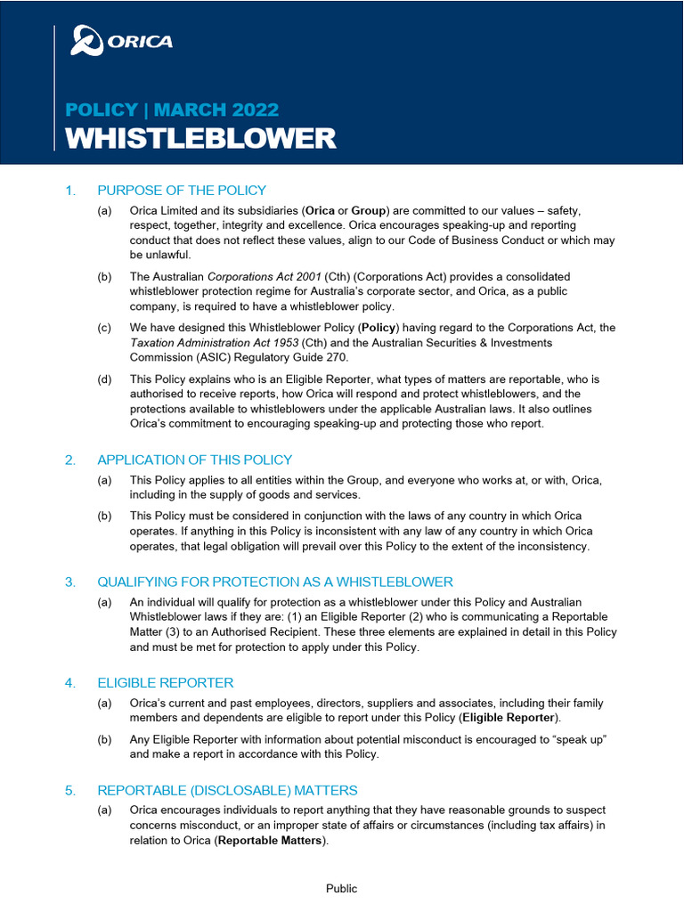 Orica Whistleblower Policy | PDF | Business | Justice