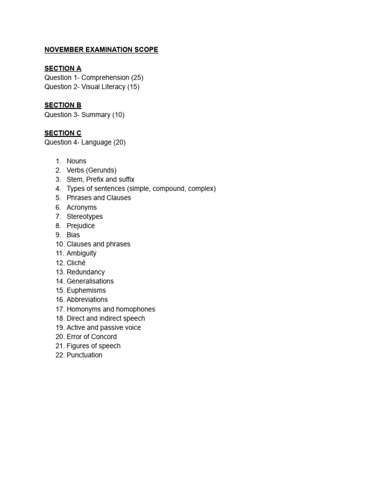 Grade 9 - November 2024 Examination Scope | PDF