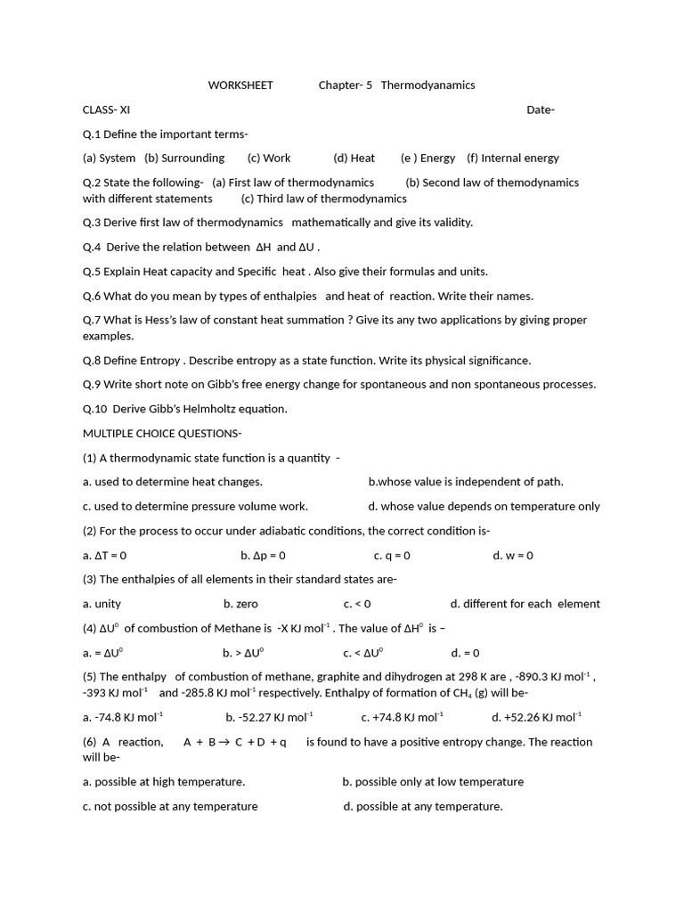 WORKSHEET Class - XI Thermodynamics | PDF