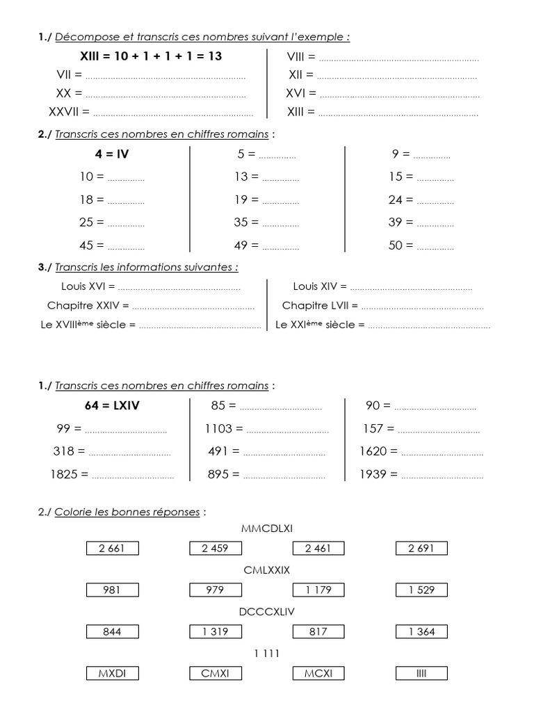 Chiffres Romains Exercices Nombres Romains | PDF