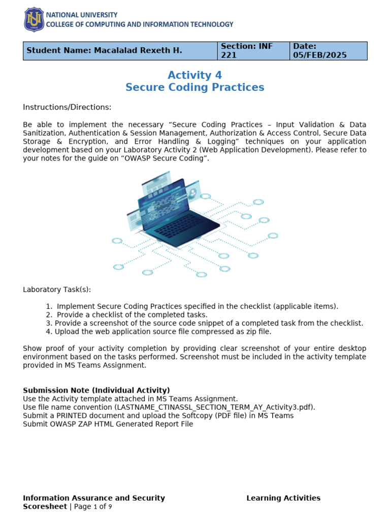 Self-Paced Activity 4 Secure Coding Practices | PDF | Access Control | Http Cookie