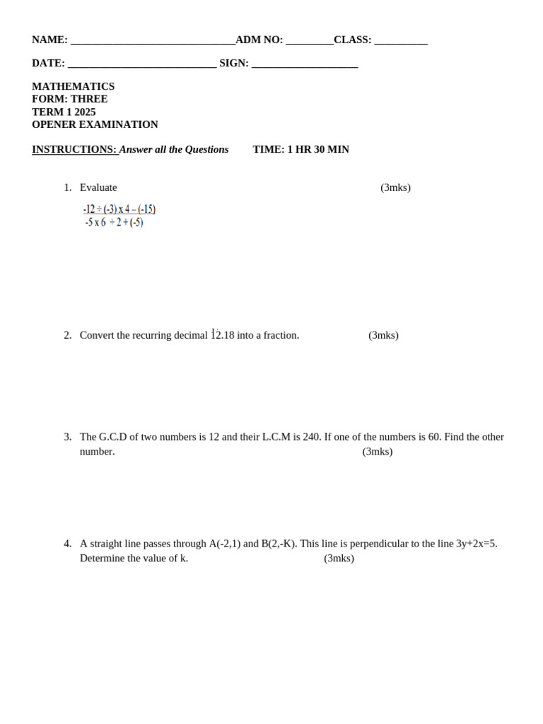 Mathematics f3 Qs (2) | PDF