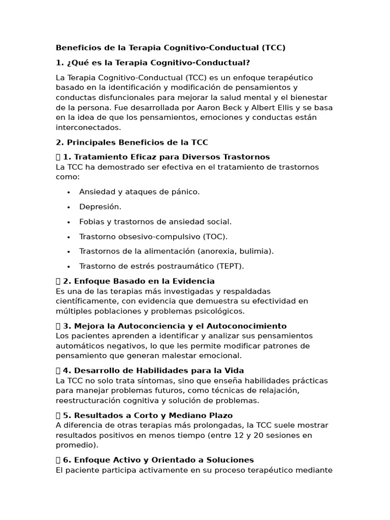 Beneficios TCC | PDF | Terapia de conducta cognitiva | Salud mental