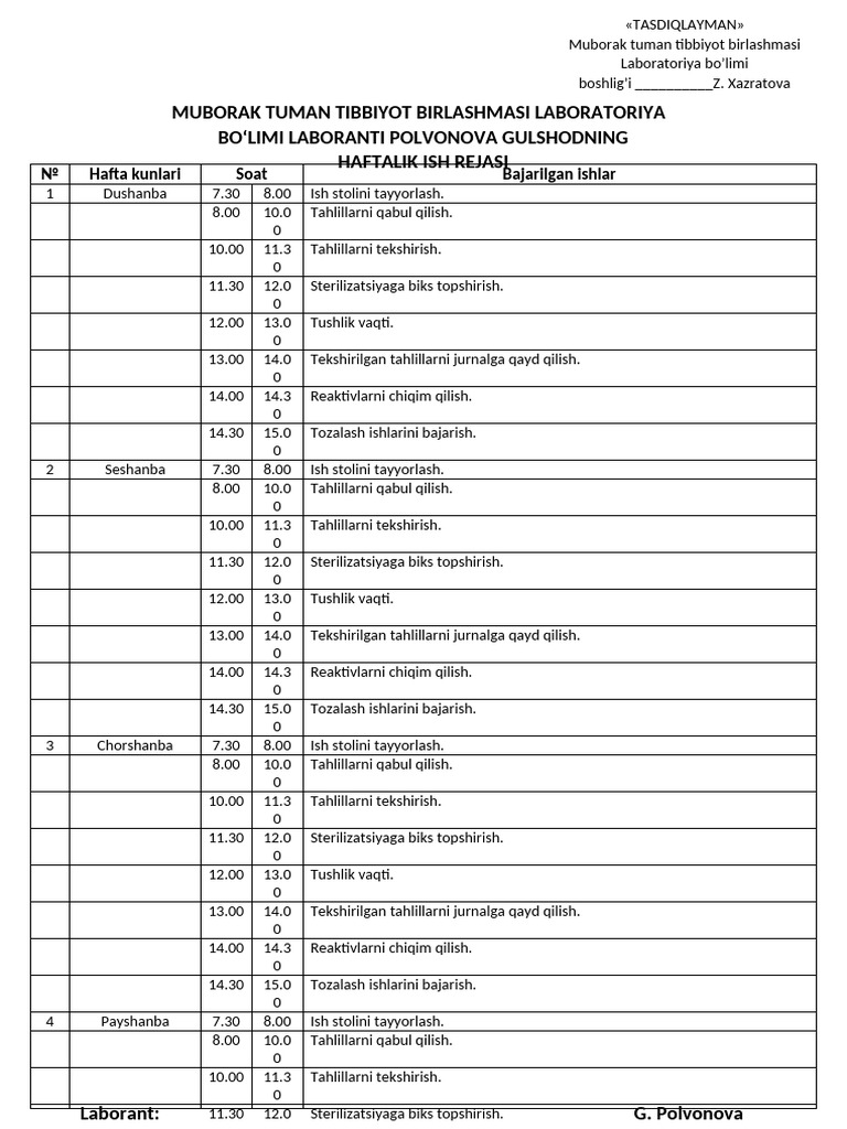 Haftalik Jadval | PDF