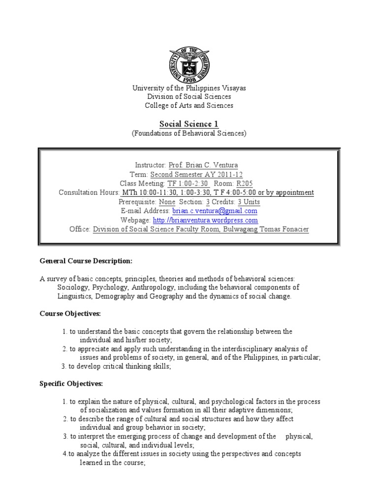 Course Outline Soc Sci 1 Ss Ay 11 12 | PDF | Socialization | Social Science