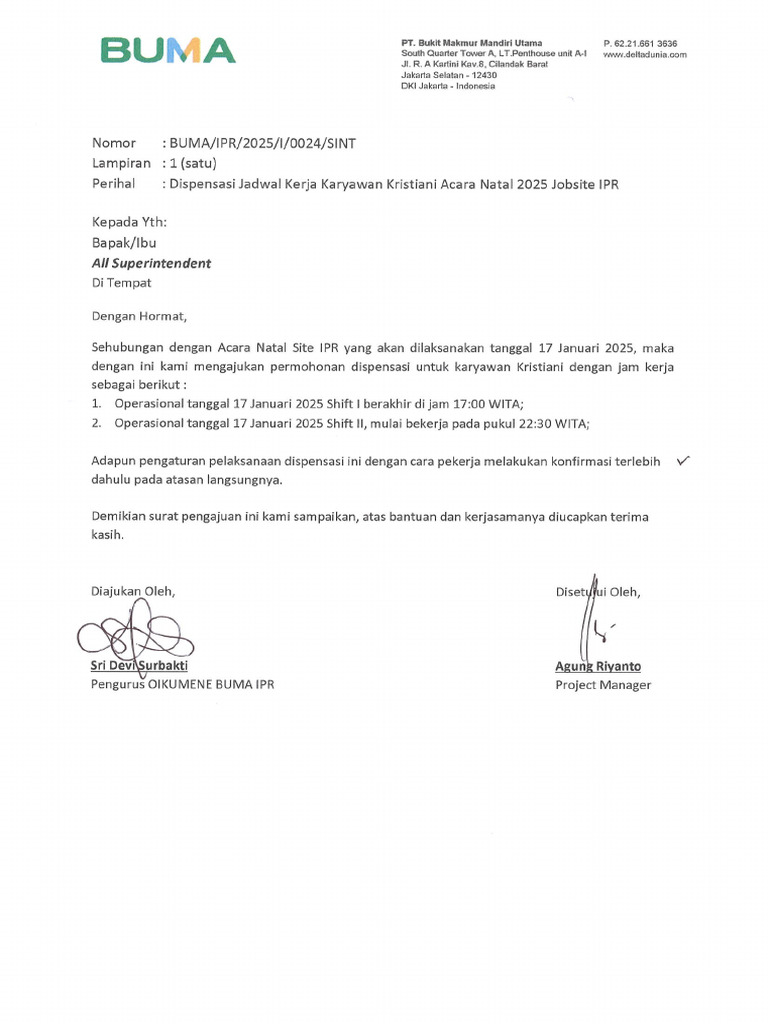 BUMA 0024 - Dispensasi Jadwal Kerja Karyawan Kristiani Acara Natal 2025 ...