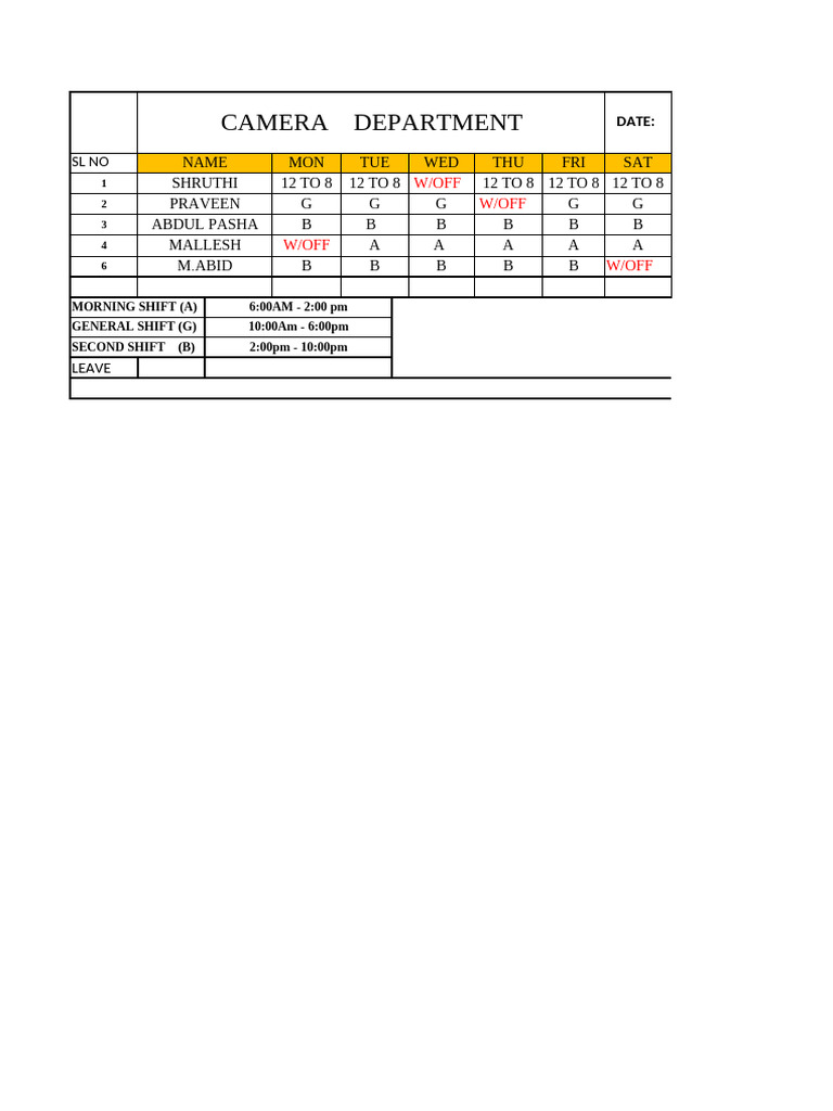 Cameramans Duty Chart | PDF
