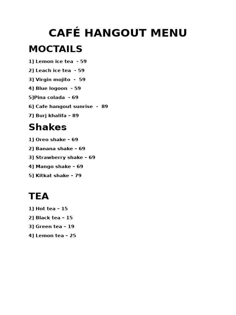 Café Hangout Menu and Prices | PDF | Salad | Pizza