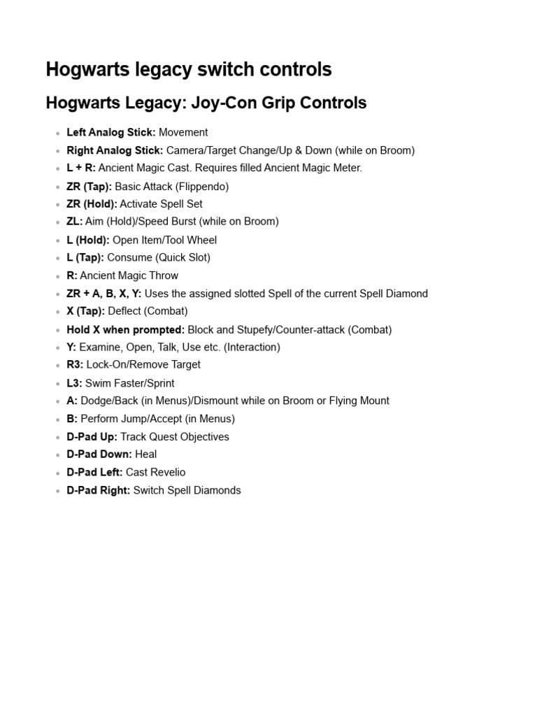 Hogwarts Legacy Switch Controls | PDF