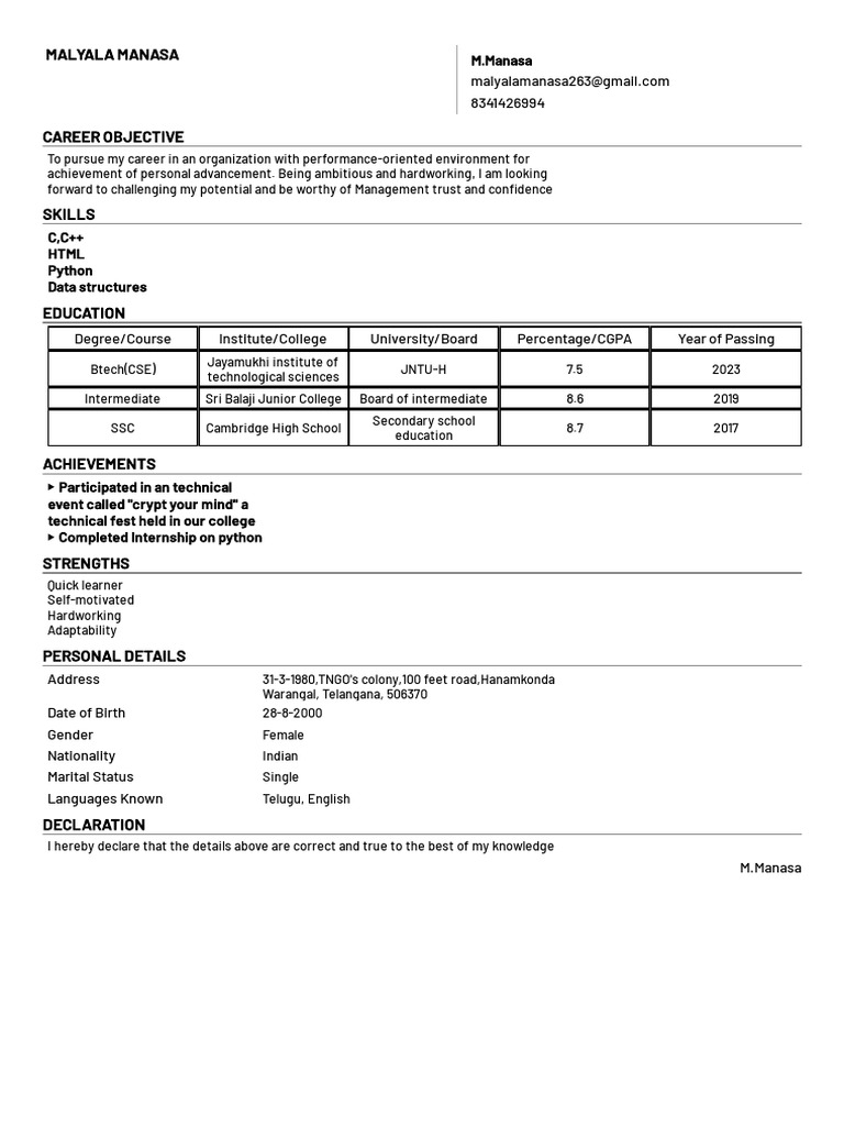 Manasa Resume | PDF