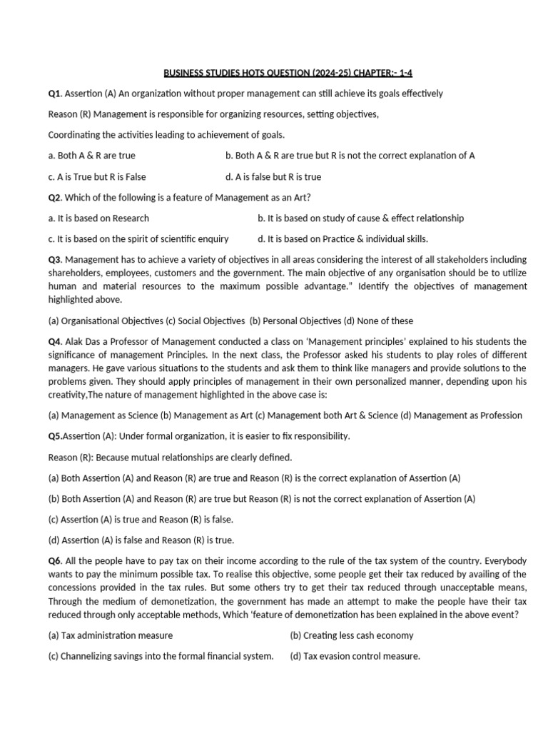 Business Studies HOTS Questions 2024-25 | PDF | Reason | Taxes
