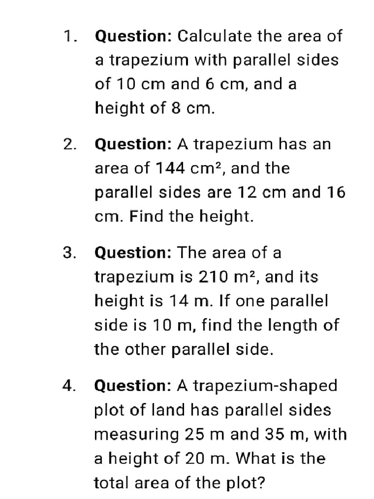 Practice Questions On Areas of Parallelogram and Trapezium | PDF
