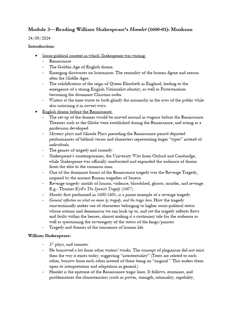 Class Notes - Module 3 (Class 21-25) | PDF | Hamlet | Tragedy