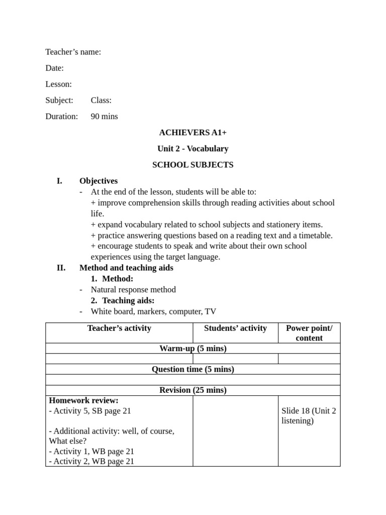 School Subjects Vocabulary Lesson Plan | PDF | Vocabulary | Reading ...