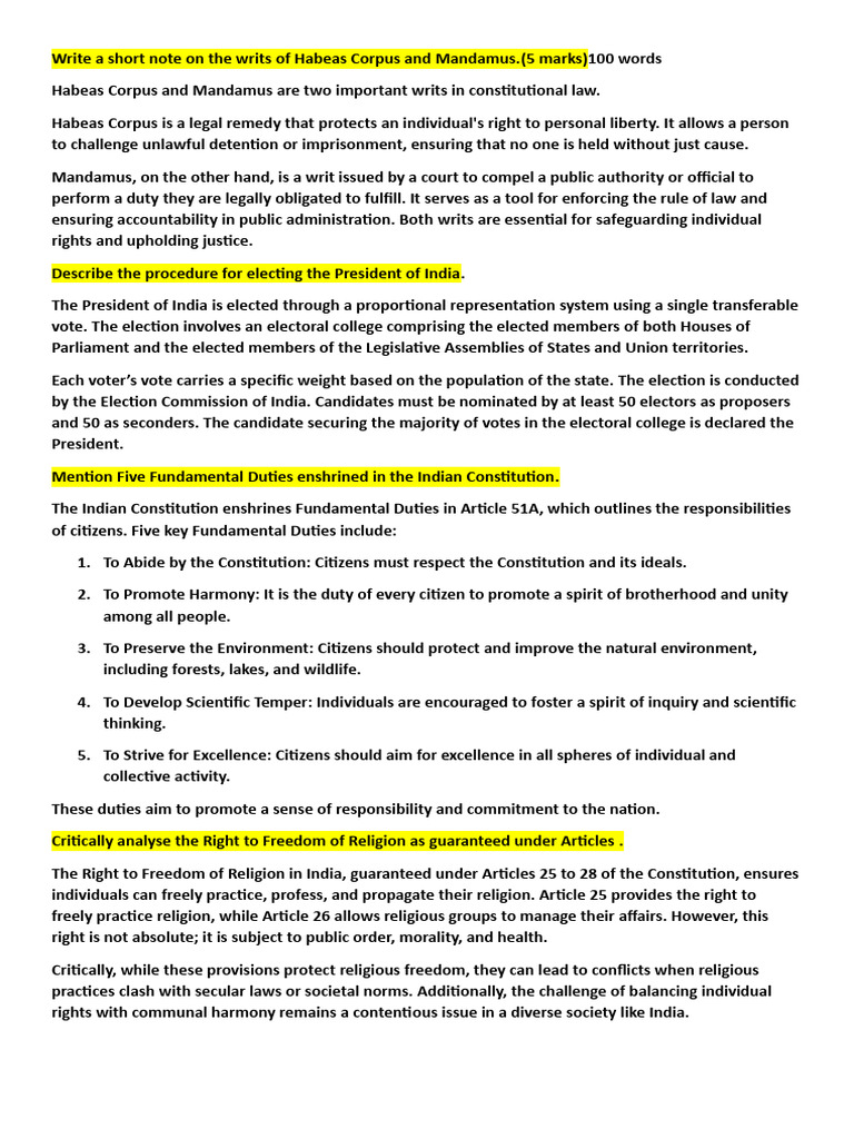Indian Constitution 5&10 Marks. | PDF | Constitutional Amendment | Supermajority