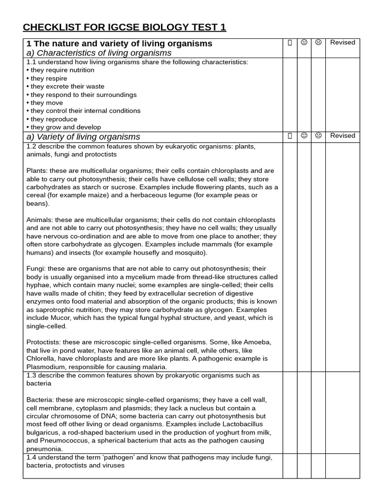 IGCSE Biology Test 1 Checklist | PDF | Cell (Biology) | Bacteria