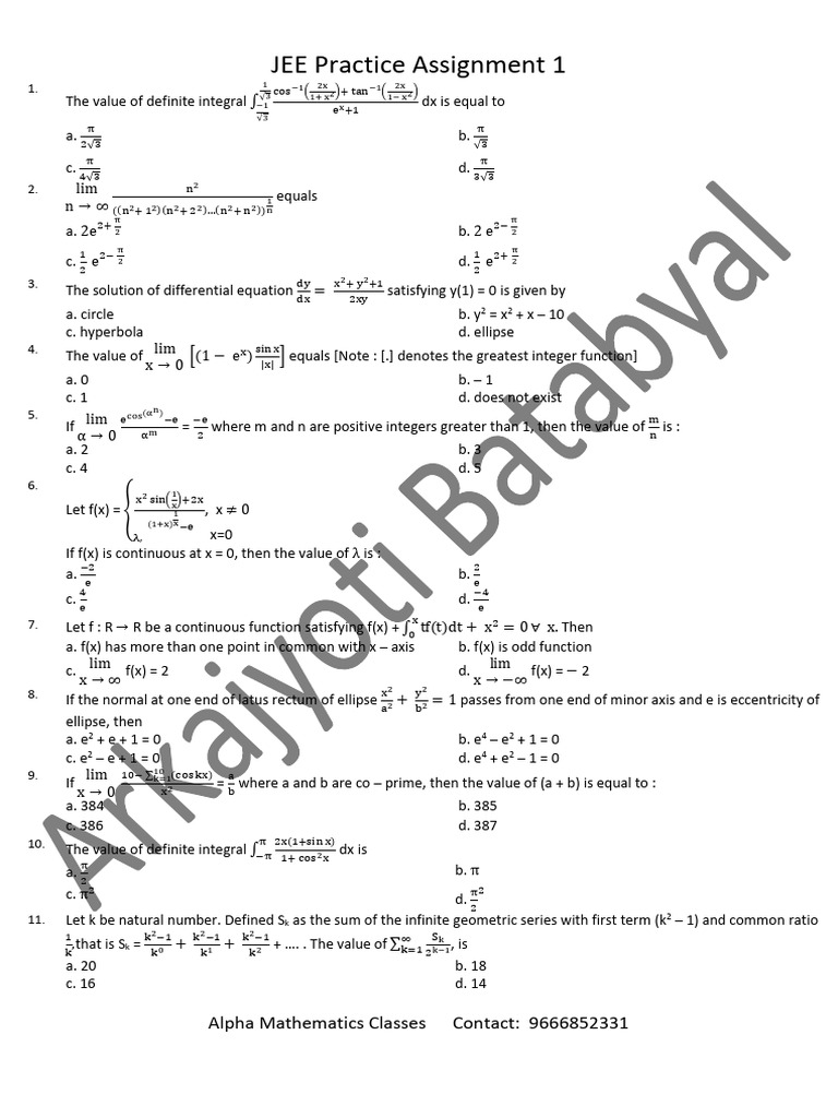 JEE Practice Assignment 1 | PDF | Tangent | Equations