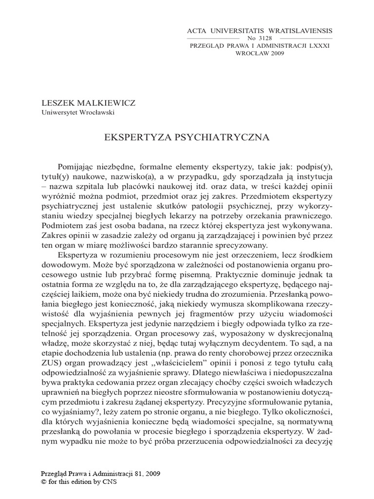 10 Malkiewicz L Ekspertyza Psychiatryczna | PDF