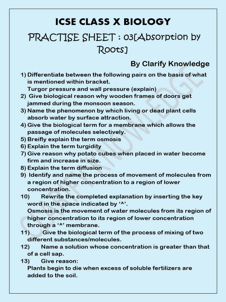 ICSE Class X Biology: Root Absorption Practice | PDF