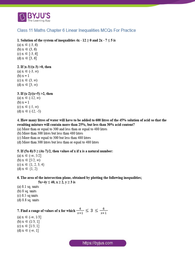 Class 11 Maths Chapter 6 Linear Inequalities MCQs | PDF | Inequality (Mathematics) | Algebra