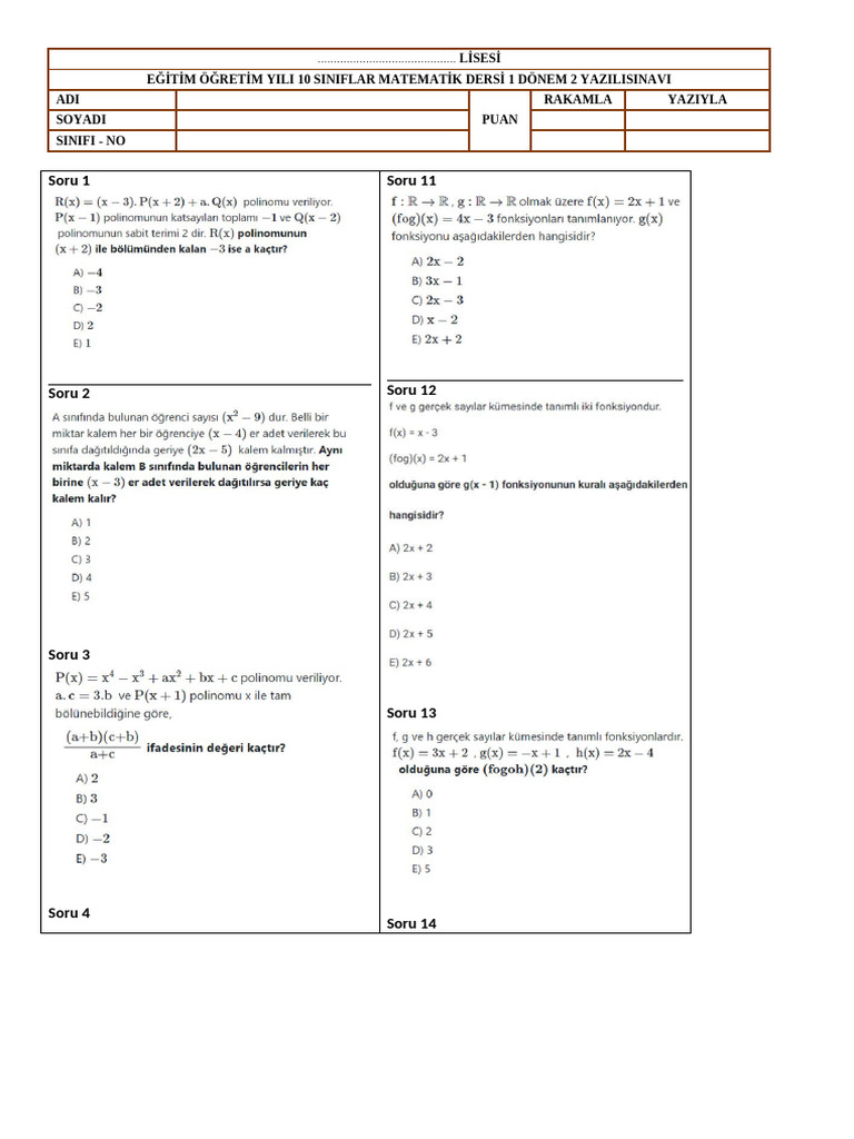 Sinif Matematik 1. Donem 2. Yazili Yoklama Ve Cevaplari | PDF