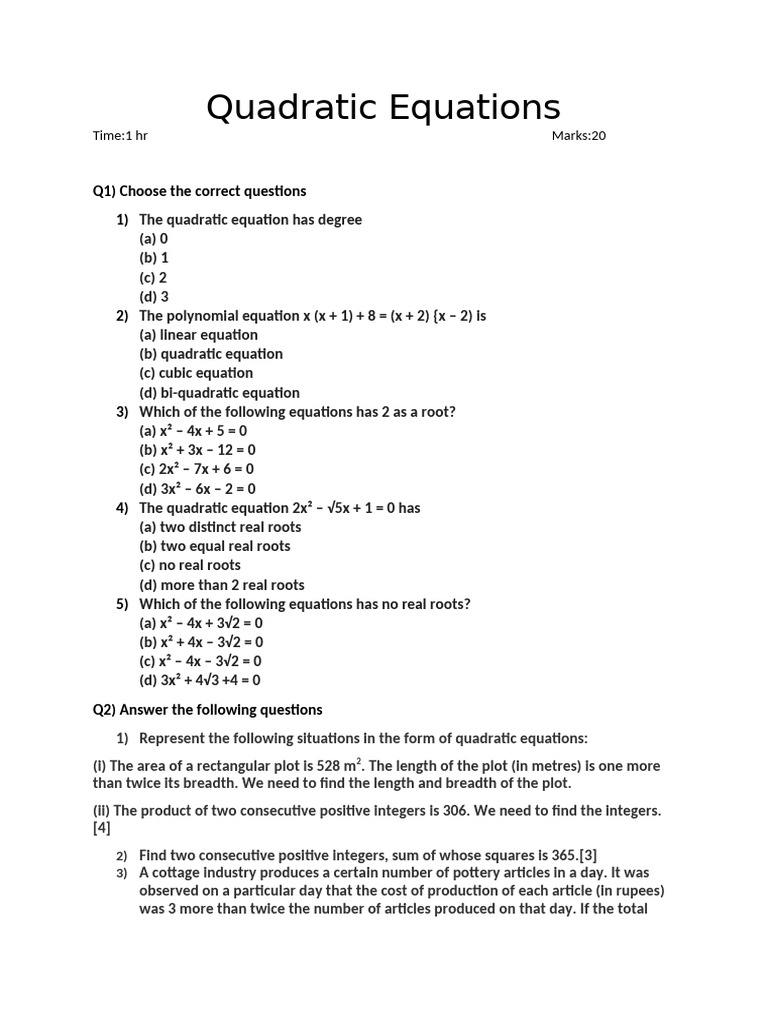 Quadratic Equations Practice Questions | PDF | Equations | Mathematics