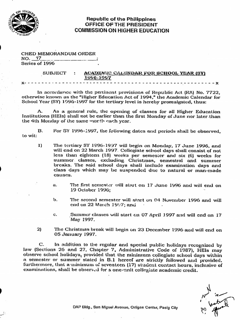 CMO No. 17 Series of 1996 Academic Calendar For SY 1996 1997 | PDF