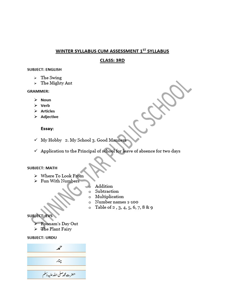 Winter Syllabus Cum Assessment 3rd Syllabus | PDF