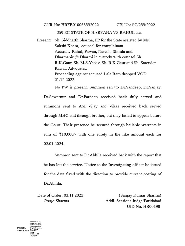Date of Order: 03.11.2023 (Sanjay Kumar Sharma) Addl. Sessions Judge/Faridabad UID No. HR00198 | PDF