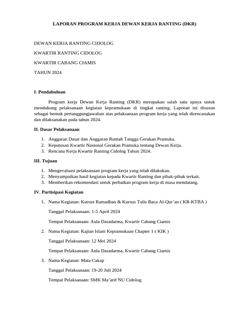 Laporan Program Kerja Dewan Kerja Ranting | PDF