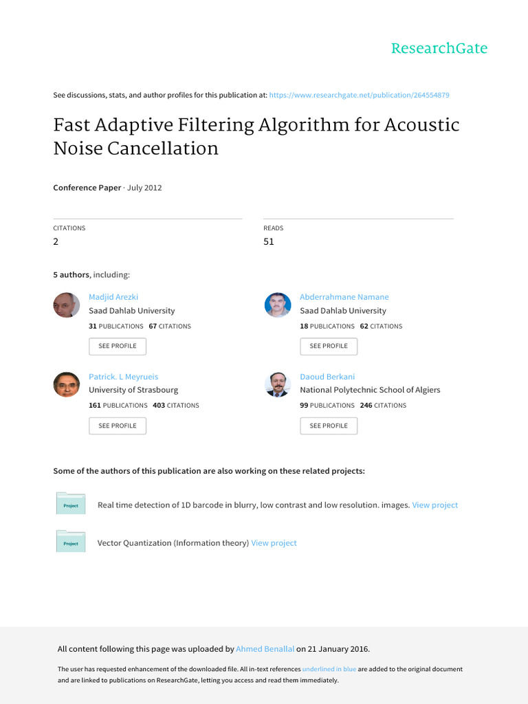 38fast Adaptive Filtering Algorithm For Acoustic Noise Arezki 2012 Pdf Computer Science