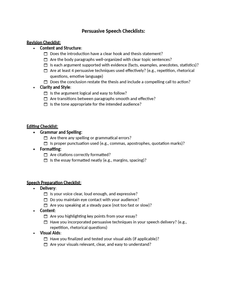 Persuasive Speech_Checklists_Rivision_Editing_Speech | PDF