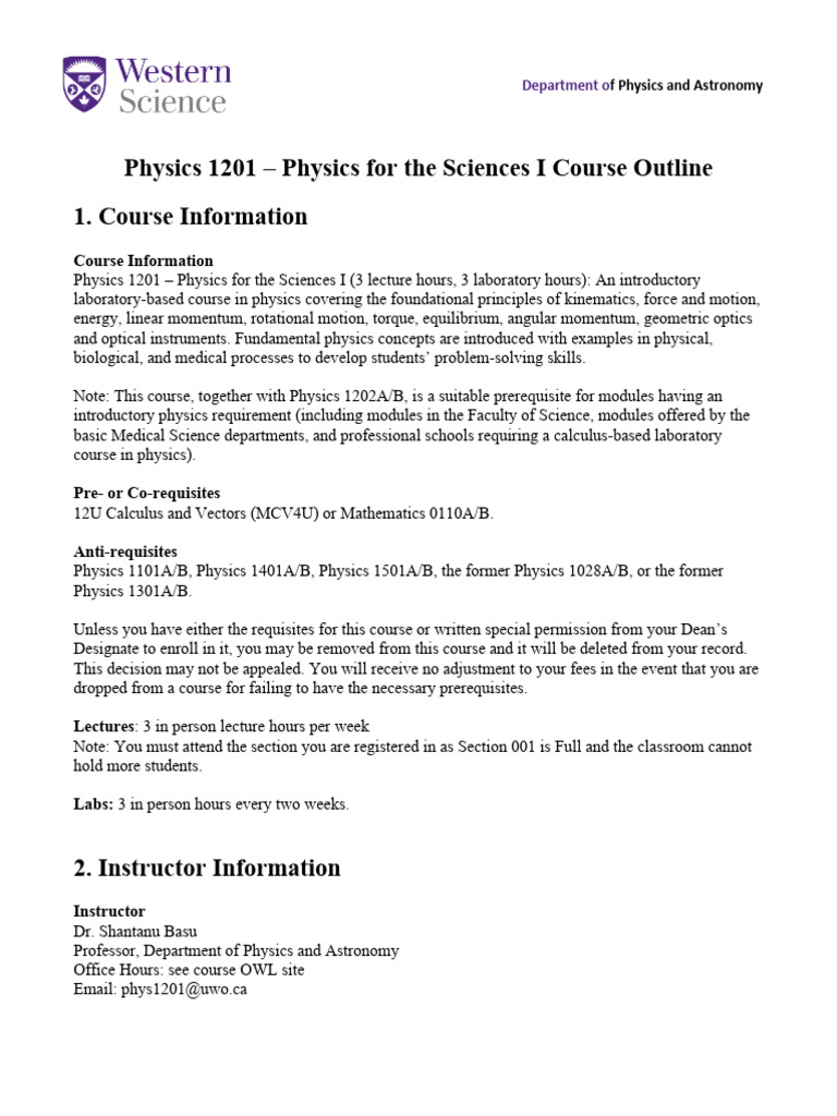 Physics 1201 Course Outline and Details | PDF | Physics | Textbook