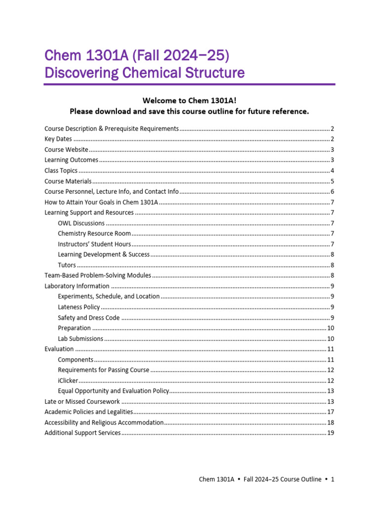 Chem 1301A 2024 Course Outline | PDF | Chemical Bond | Isomer