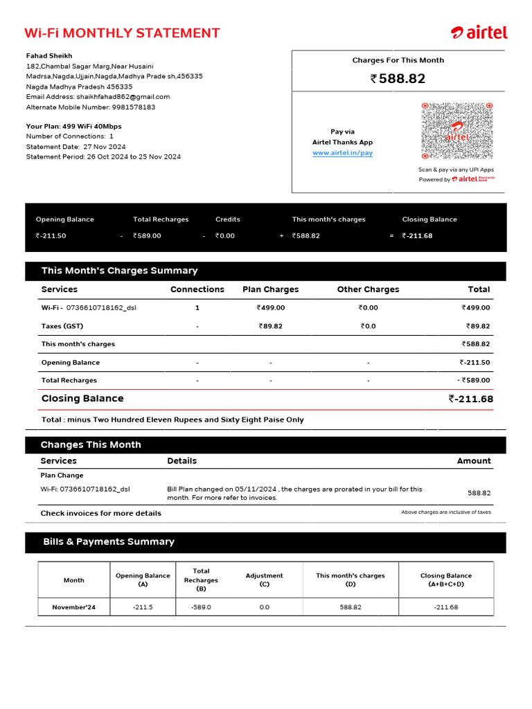 Wi-Fi Monthly Statement: This Month's Charges Summary | PDF | Credit Card | Payments