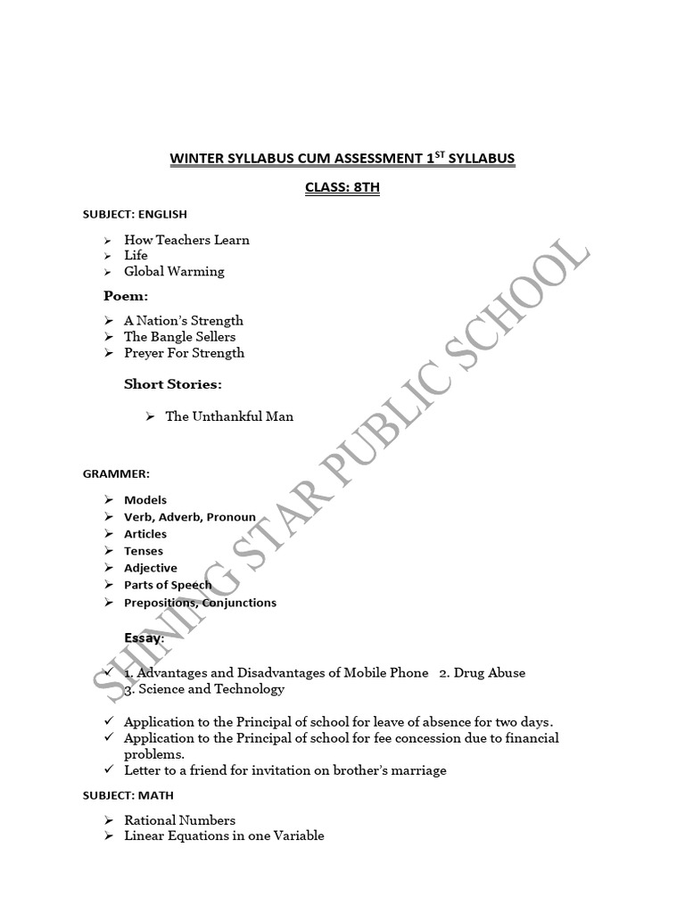 Winter Syllabus Cum Assessment 8th Syllabus | PDF