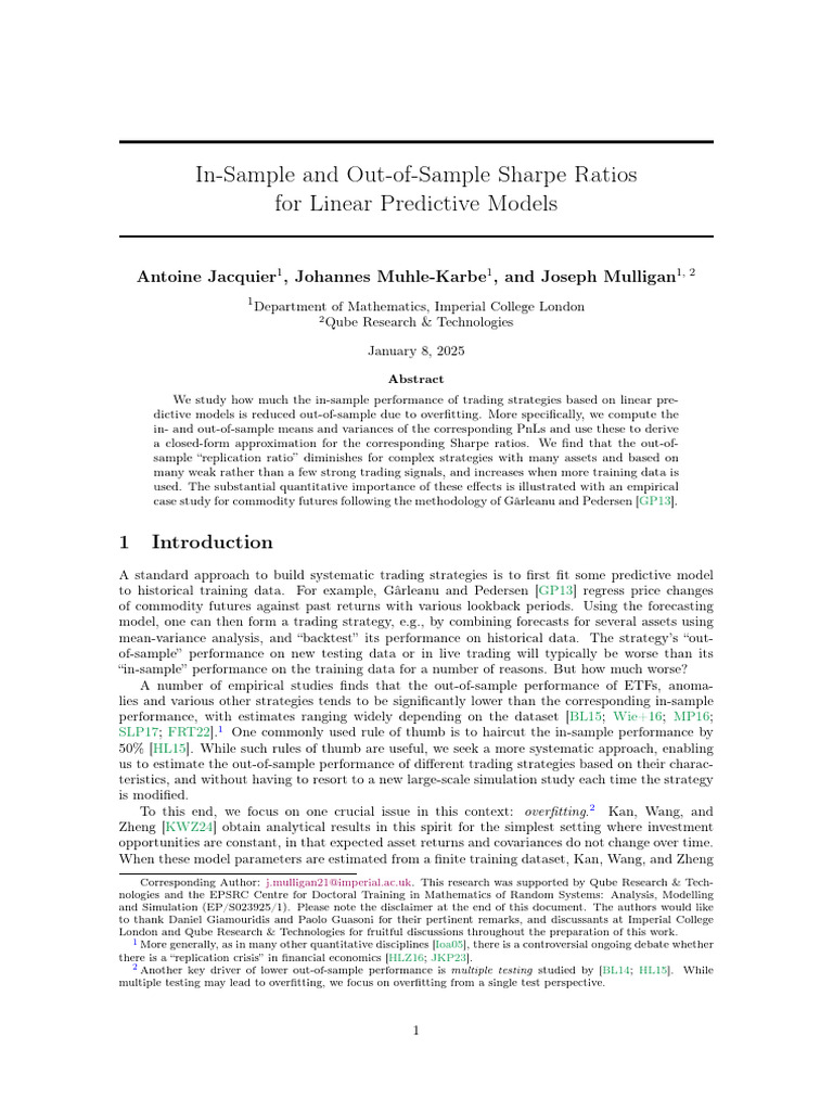 In-Sample and Out-Of-Sample Sharpe Ratios For Linear Predictive Models ...