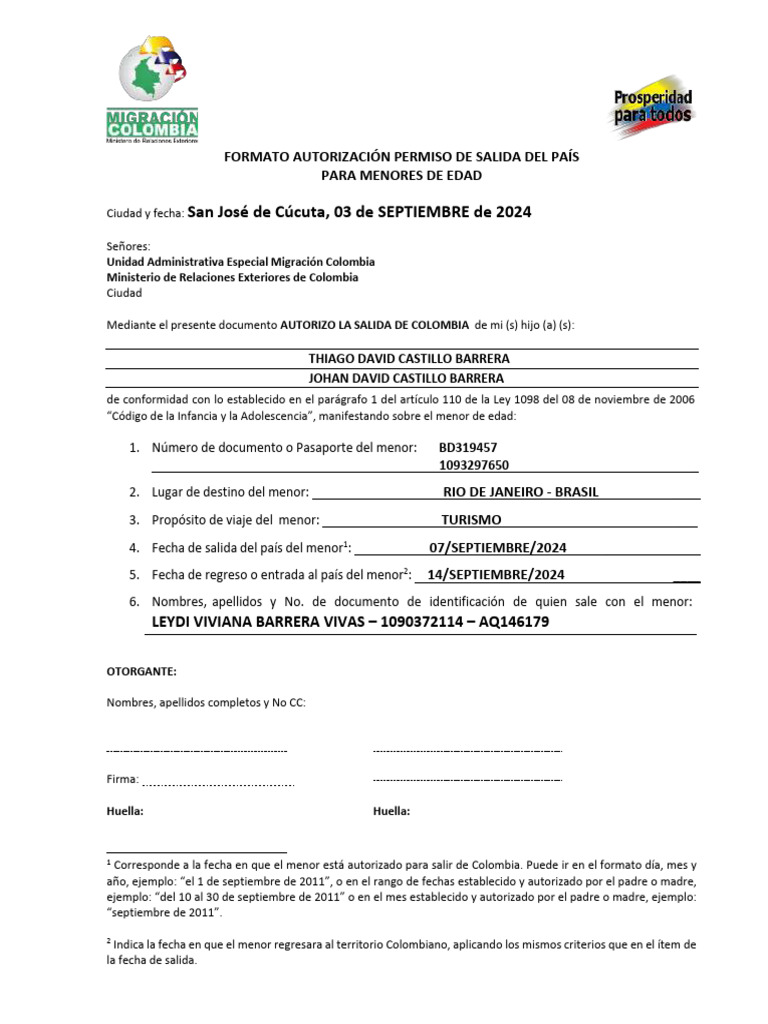 Formato Permiso Salida Del Pais Menores de Edad 2 | PDF