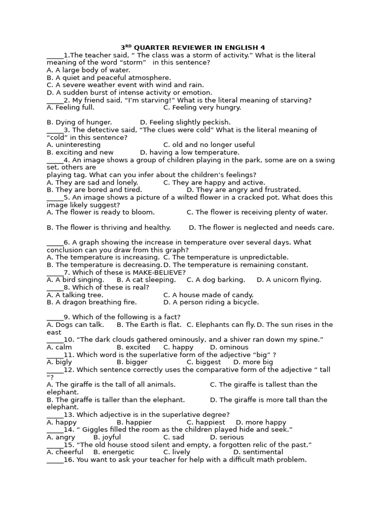 English 4 Third Quarter Review Quiz | PDF