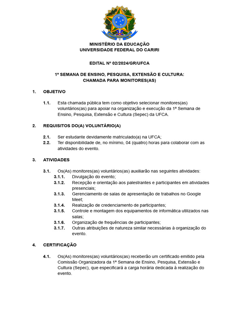 CHAMADA_VOLUNTARIOS_I_SEPEC_assinado | PDF