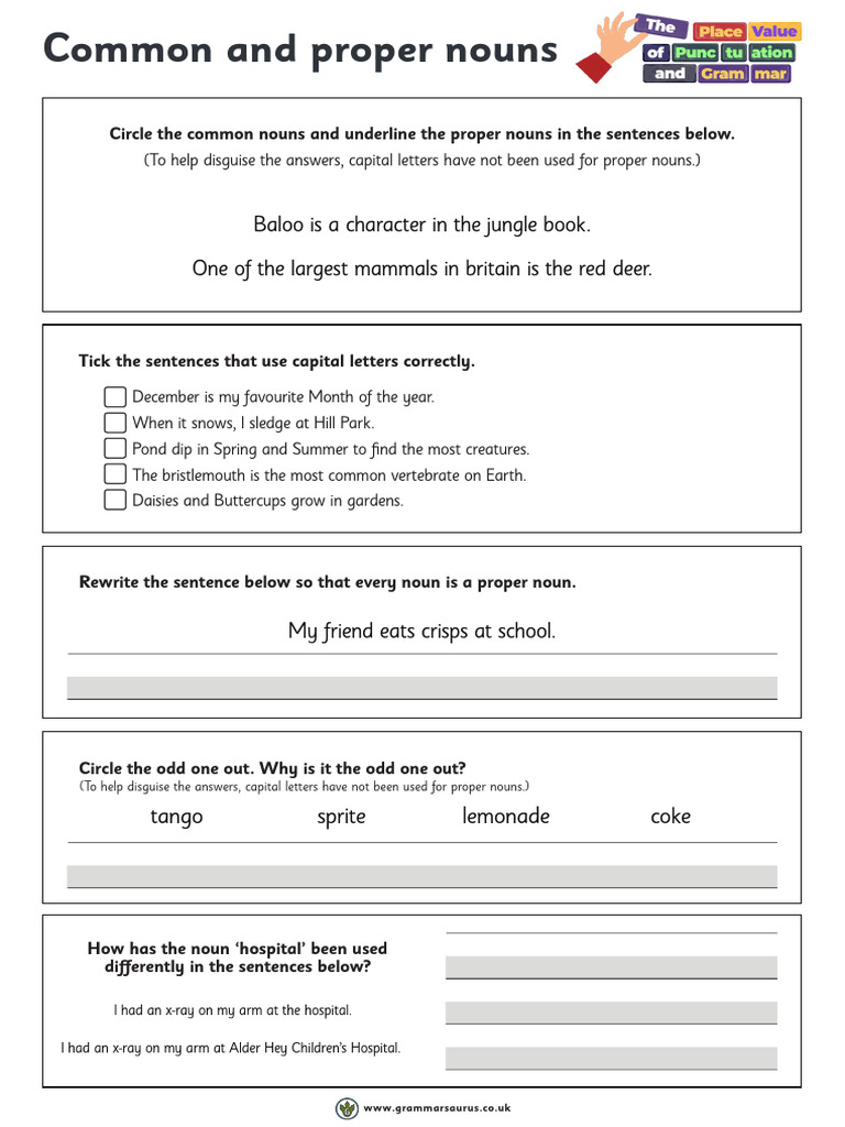 Common vs. Proper Nouns Exercises | PDF