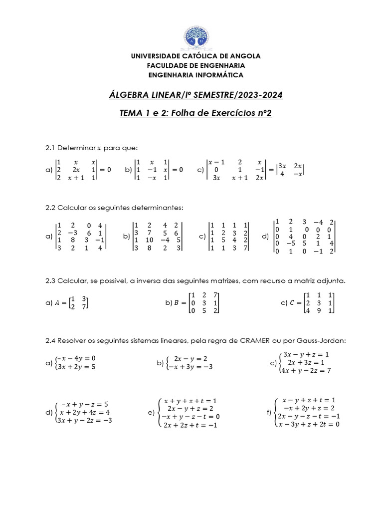 Exercícios de Álgebra Linear - 1º Semestre | PDF | Conceitos ...