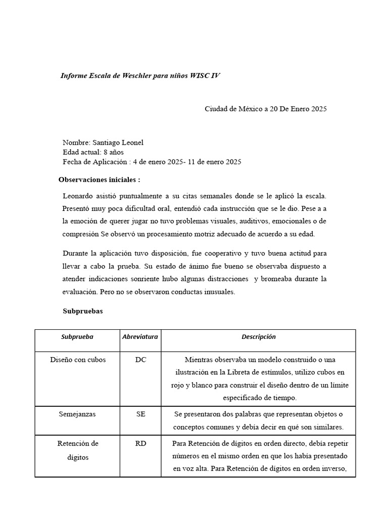 Wisc Iv Leonardo | PDF | Desorden hiperactivo y deficit de atencion | Ansiedad