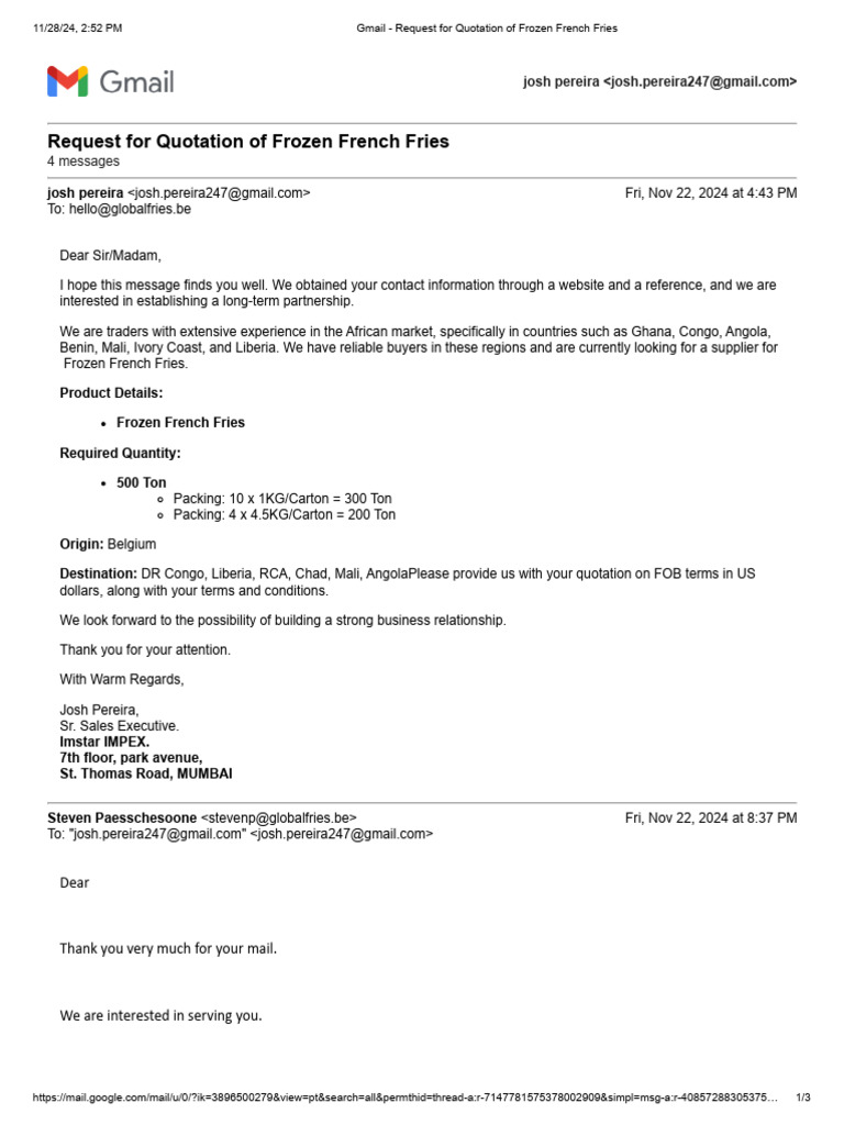 Gmail - Request For Quotation of Frozen French Fries | PDF
