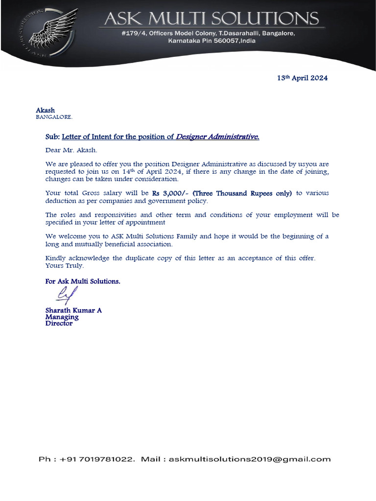 Designer Administrative Offer Letter | PDF
