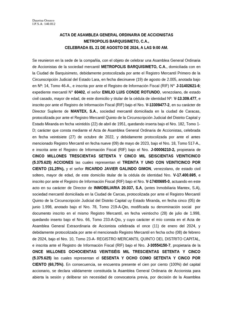Borrador Acta de Asamblea METROPOLIS BARQUISIMETO | PDF