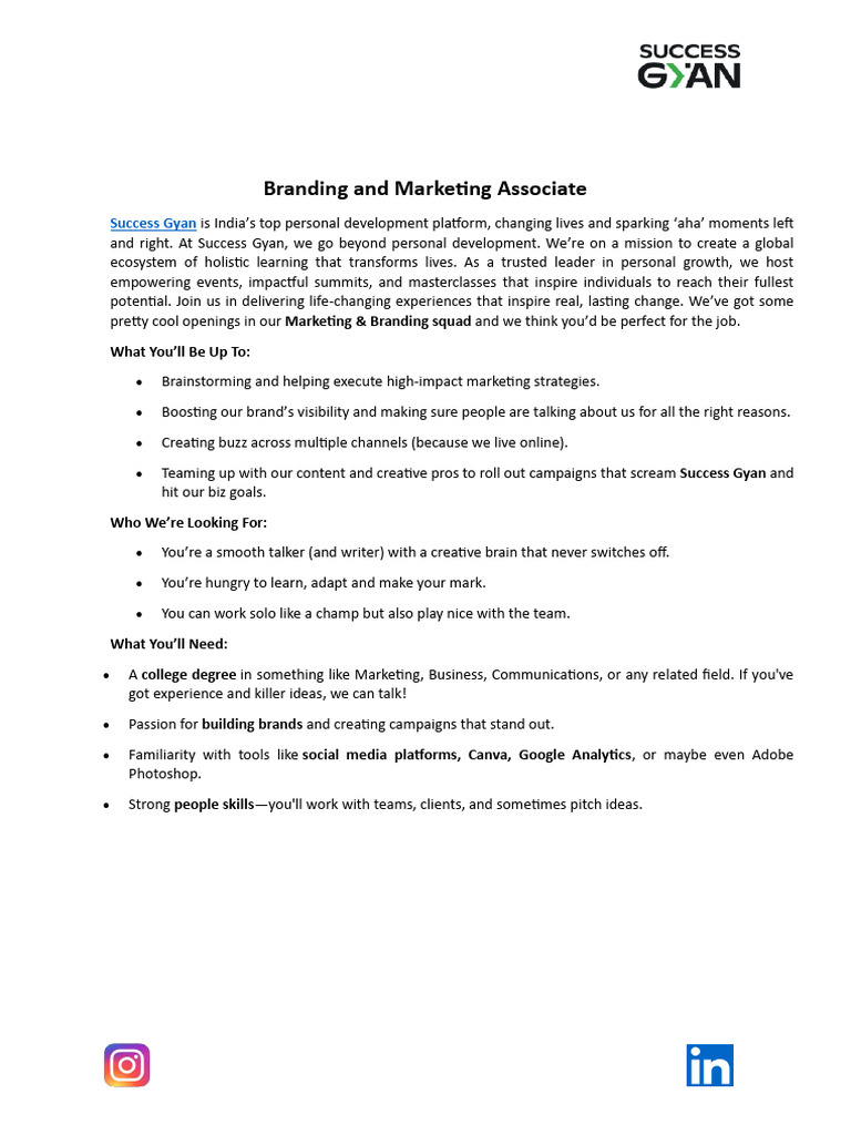 Branding and Marketing Associate: Success Gyan | PDF