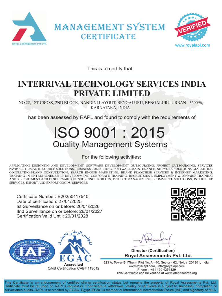 INTERRIVAL TECHNOLOGY SERVICES INDIA QMS | PDF | Systems Thinking ...