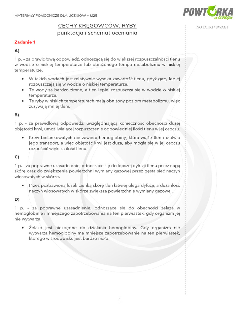Zadania Maturalne Odpowiedzi Cechy Kregowcow. Ryby m25 | PDF